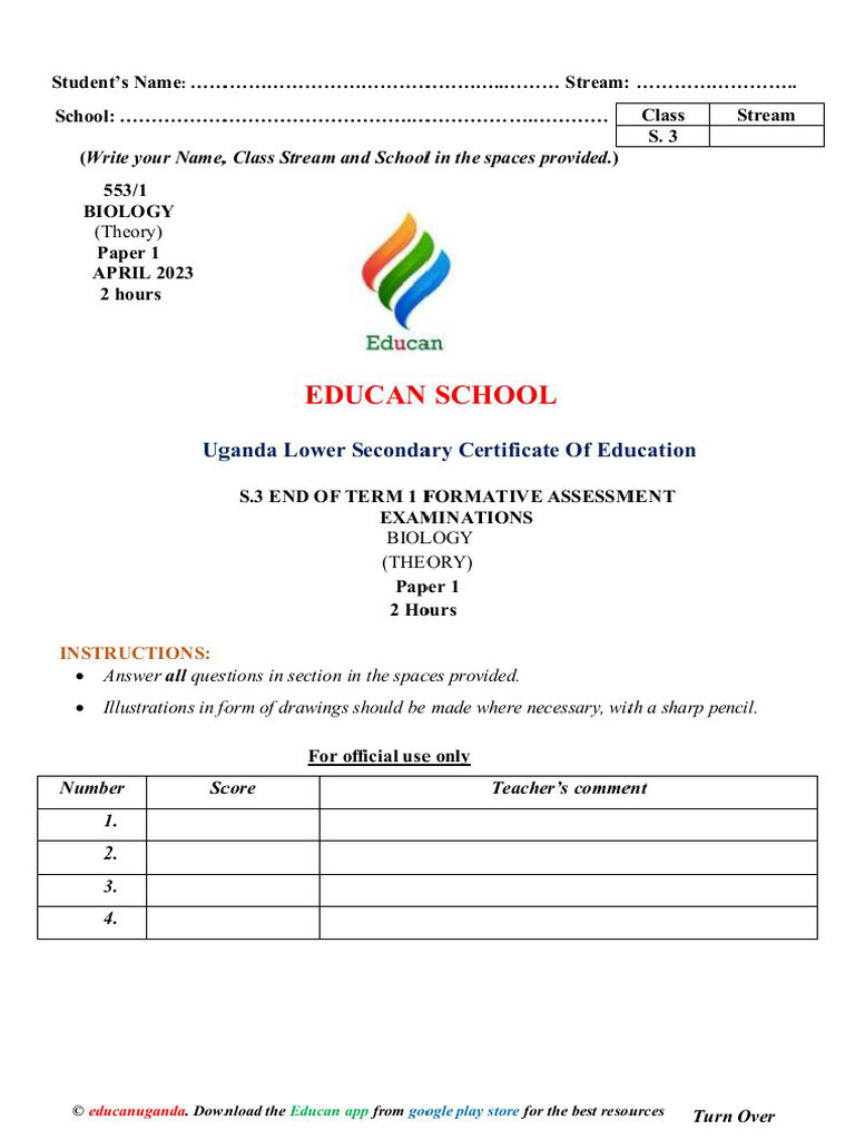 S.3 EDUCAN CBC BIOLOGY EXAM Tr. BAGOOLE DANIEL (0784652712) | PDF