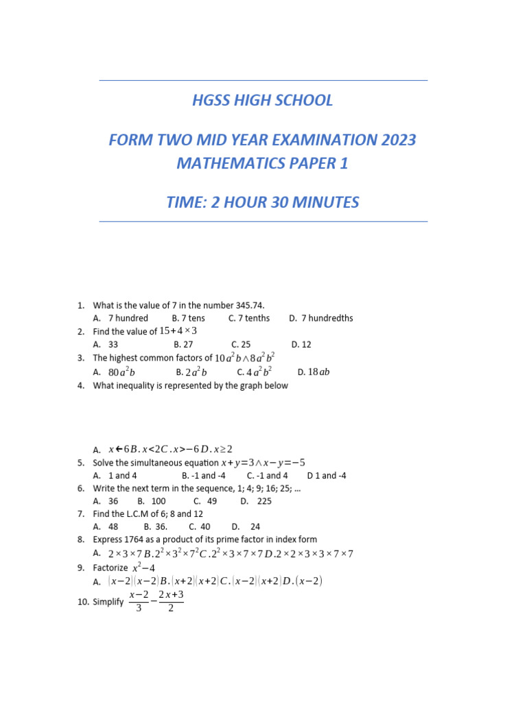 Mid Year F2 Exam P1 2023 | PDF | Area | Mathematics