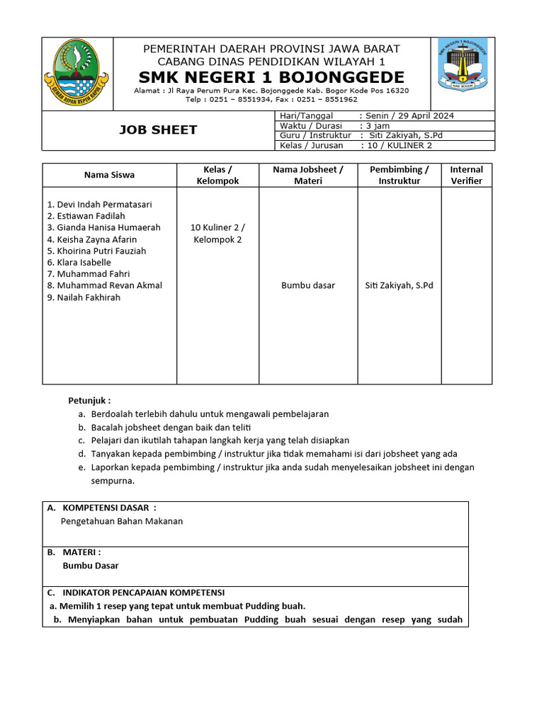 Jobsheet Puding Buah | PDF
