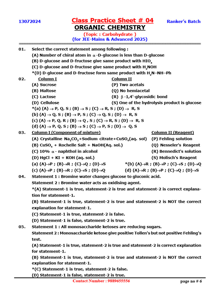 Answer Class Practice Sheet 04 Carbohydrate - 240713 - 144913 | PDF ...