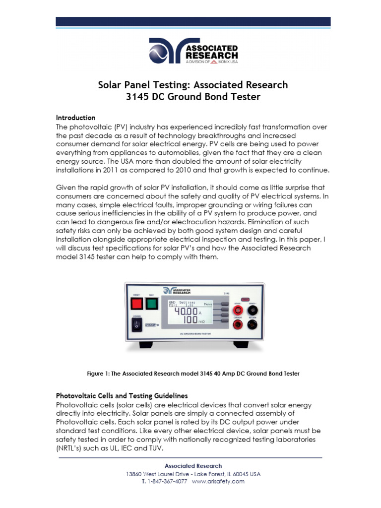 Solar Panel Testing Associated Research 3145 DC Ground Bond Tester ...