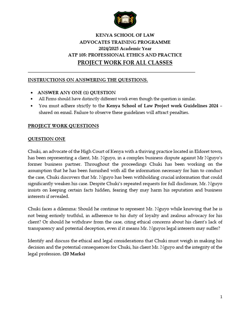 ATP 105 Professional Ethics Project Work 2024 - ALL CLASSES | PDF | Lawyer | Professional Ethics