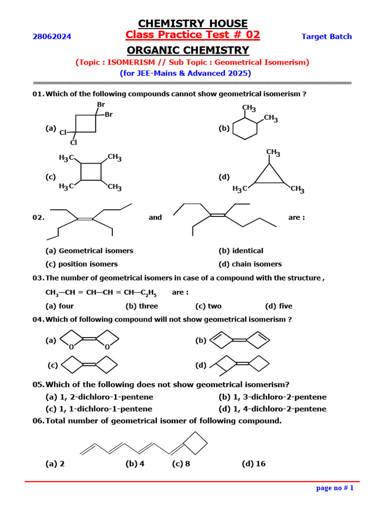 Class Practice Test # 02 Isomerism - 240705 - 132708 | PDF | Isomer ...