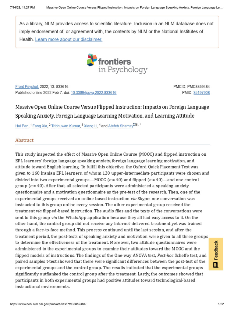 Massive Open Online Course Versus Flipped Instruction - Impacts On Foreign Language Speaking ...