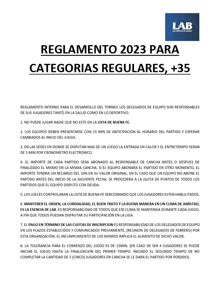 Reglamento 2023 para Categorias Regulares | PDF