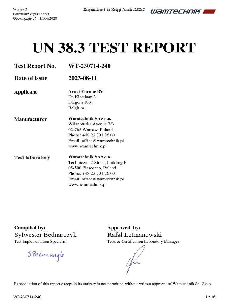 1243.4A Kestrel Avnet UN Test Report | PDF | Rechargeable Battery ...