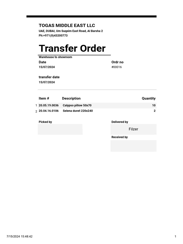 Dubai Warehouse to Showroom Transfer | PDF