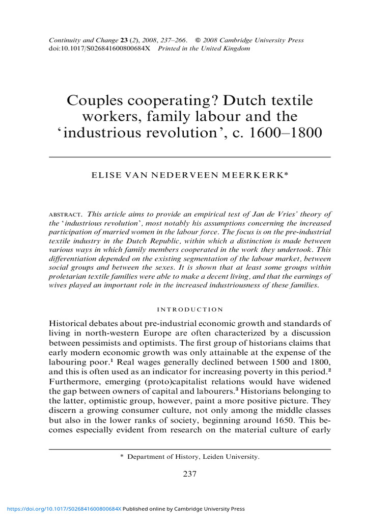 Couples Cooperating Dutch Textile Workers Family Labour and The ...