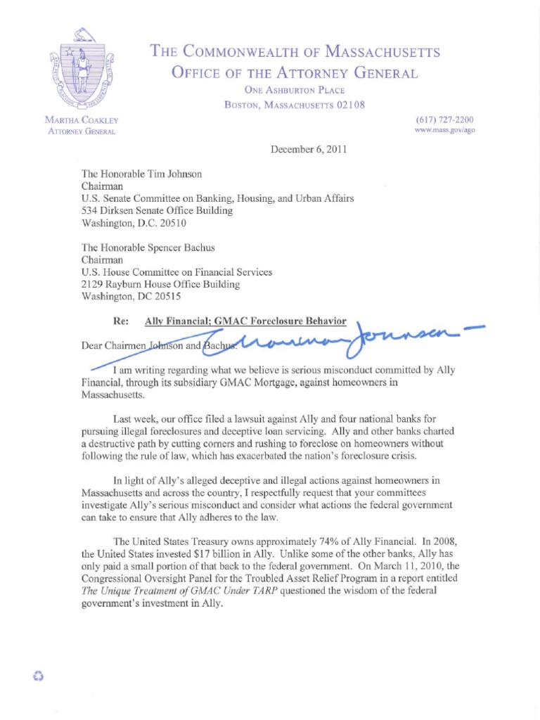 Letter Re Ally Financial To Congress | PDF | Foreclosure | Ally Financial