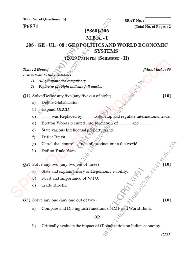 Postgraduate PG - Mba - Semester 2 - 2022 - May - Geopolitics World Economic Systems Pattern ...