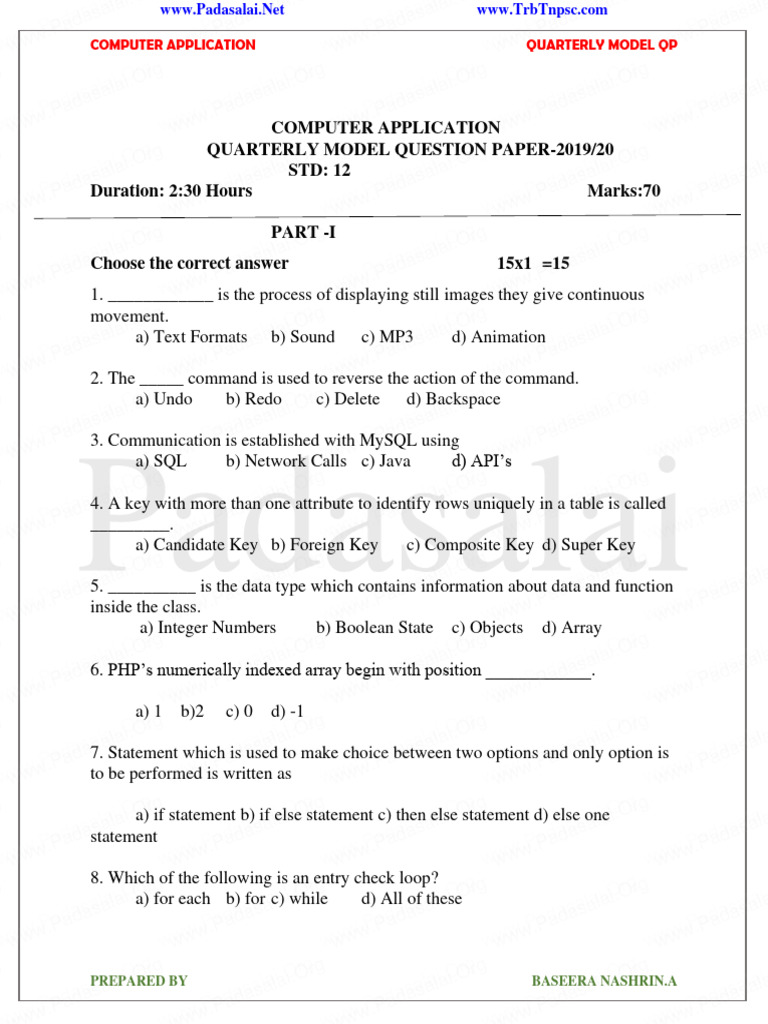 12th Computer Applications Quarterly Exam Model Question Papers 2019 ...