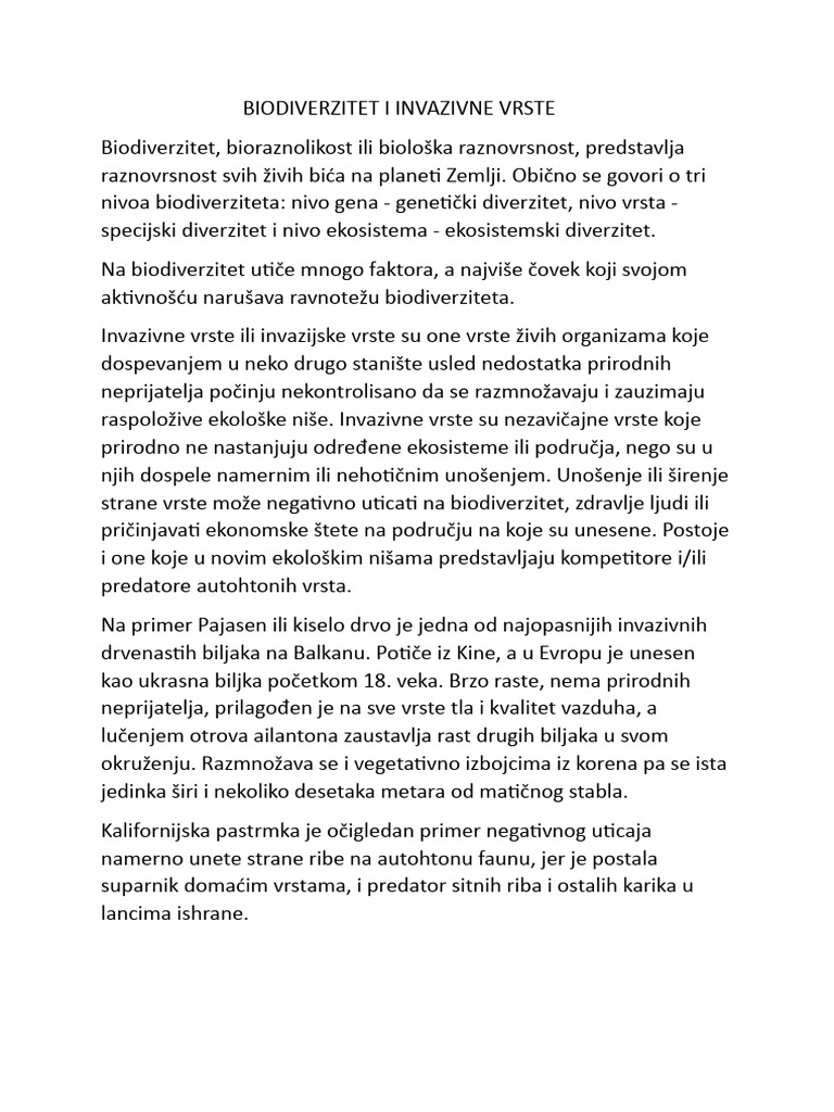 Biodiverzitet I Invazivne Vrste U Održivom Razvoju | PDF