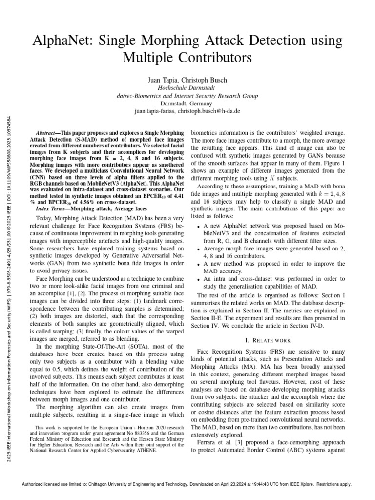 AlphaNet Single Morphing Attack Detection Using Multiple Contributors | PDF | Computing