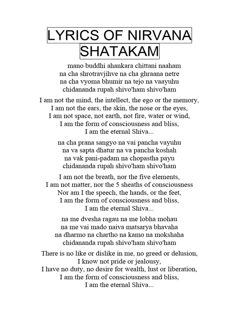 Lyrics of Nirvana Shatakam | PDF | Indian Philosophy | Hindu Philosophical Concepts
