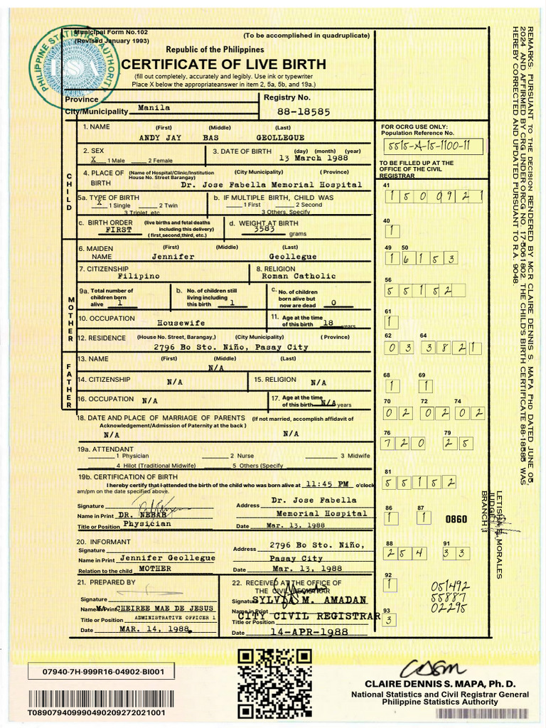 Certificate of Live Birth: Province City/Municipality Registry No | PDF