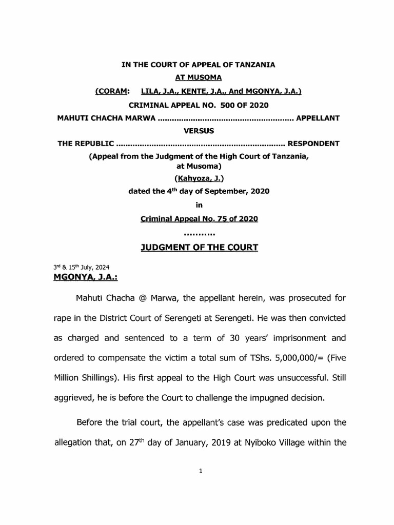 Mahuti Chacha Marwa Vs Republic (Criminal Appeal No 500 of 2020) 2024 ...
