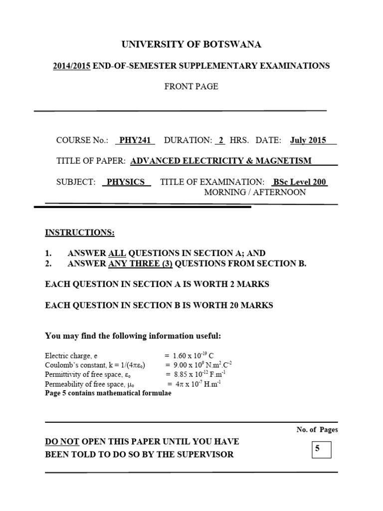 PHY241 Supplementary Exam - 2015 | PDF | Magnetic Field | Electromagnetism