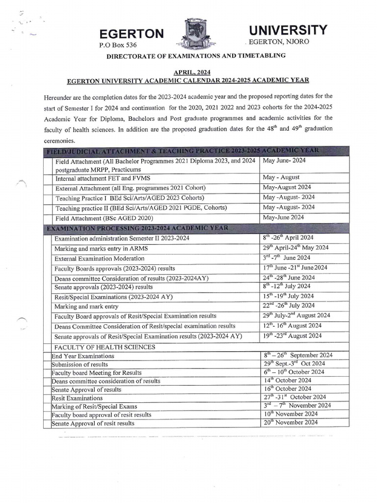 Egerton University Academic Calendar 2024 - 2025 Academic Year | PDF