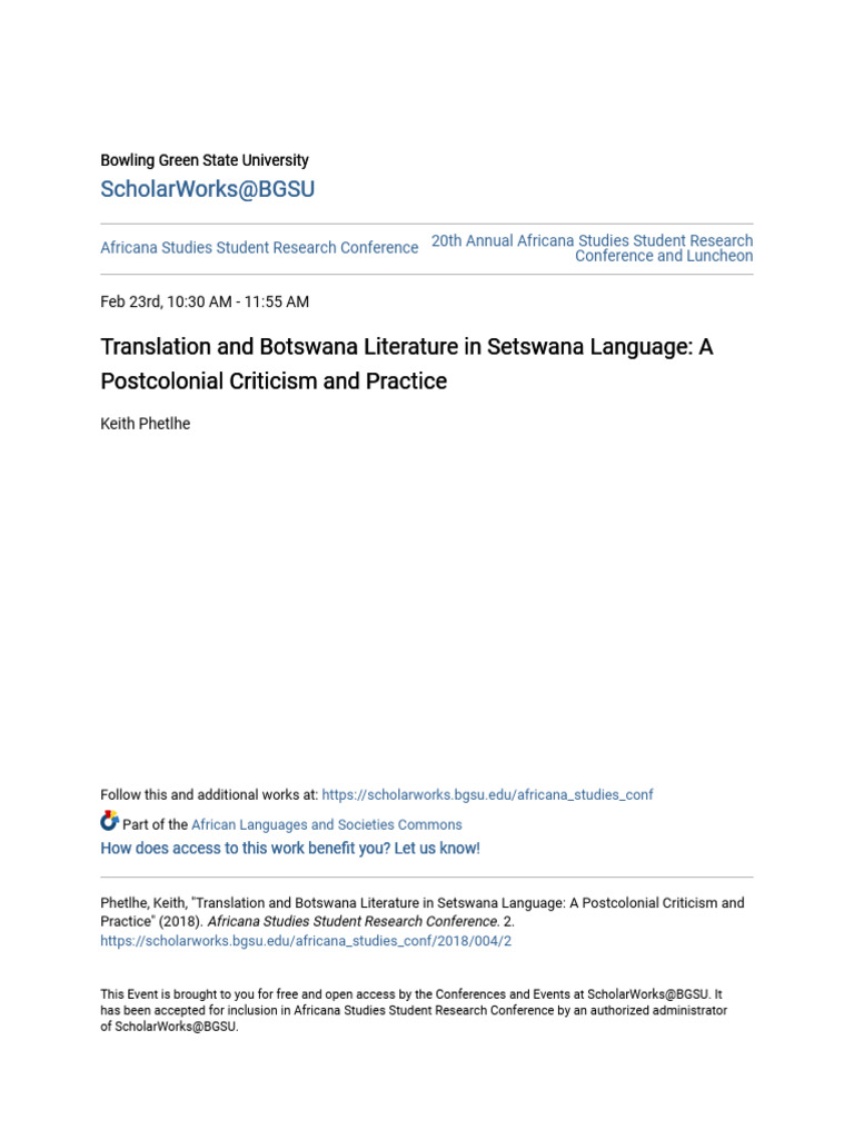 Translation and Botswana Literature in Setswana Language - A Postc ...