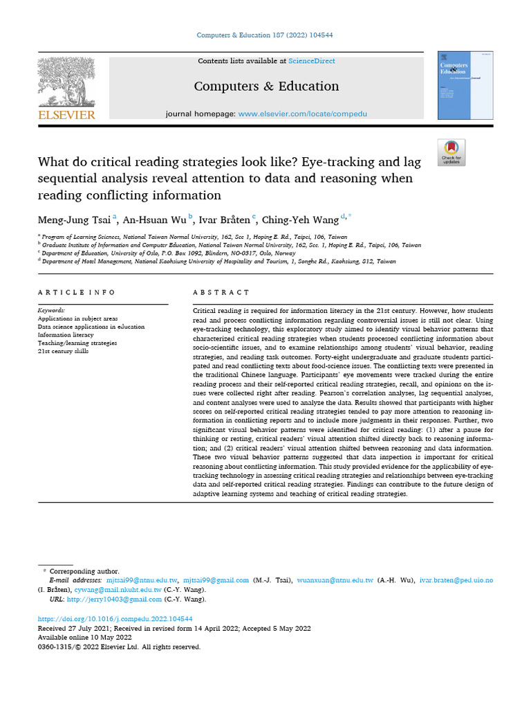 Computers & Education: Meng-Jung Tsai, An-Hsuan Wu, Ivar Bråten, Ching-Yeh Wang | PDF | Learning ...