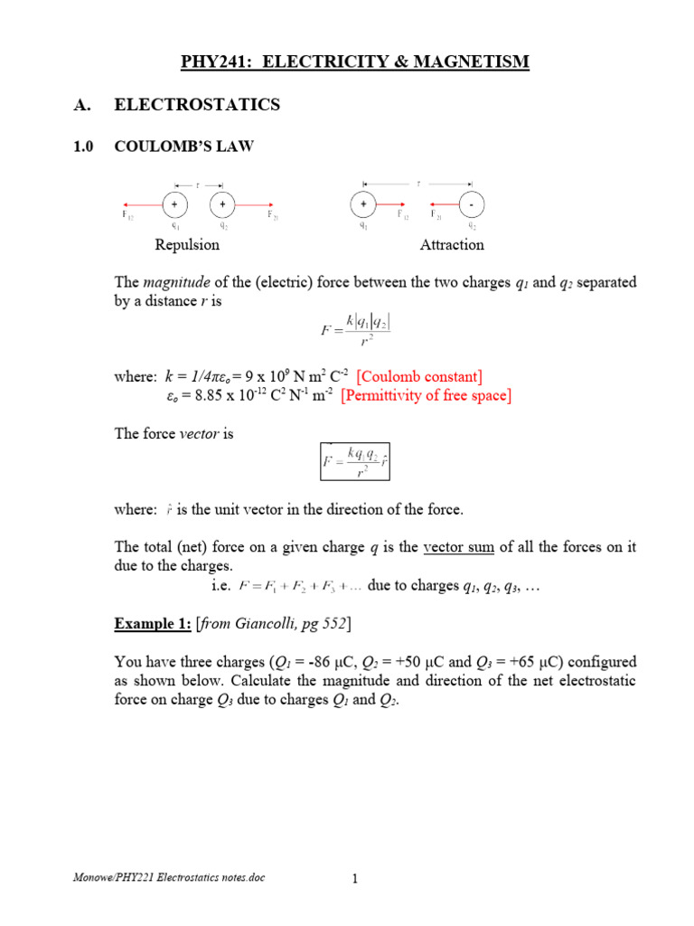 PHY241 - A - Electrostatics Notes | PDF | Capacitance | Electric Field