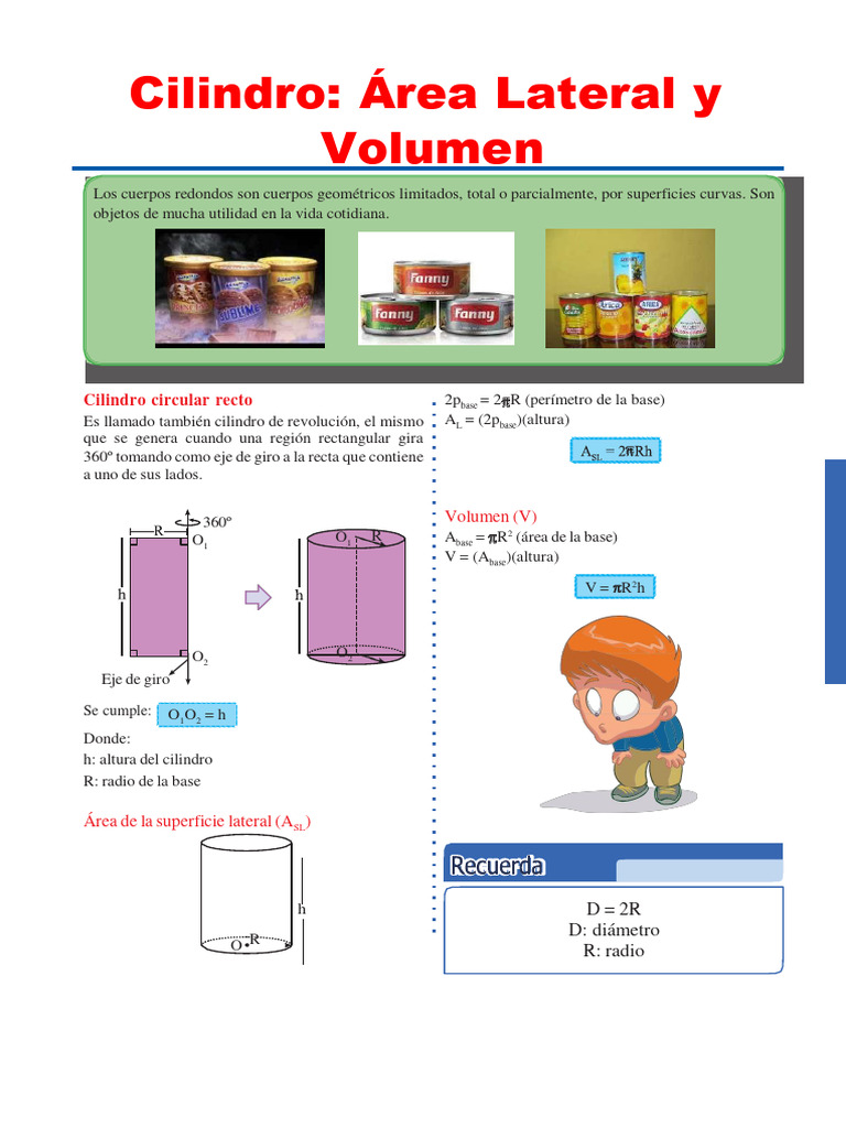Área Lateral y Volumen de Un Cilindro para Sexto de Primaria | PDF | Geometría euclidiana ...