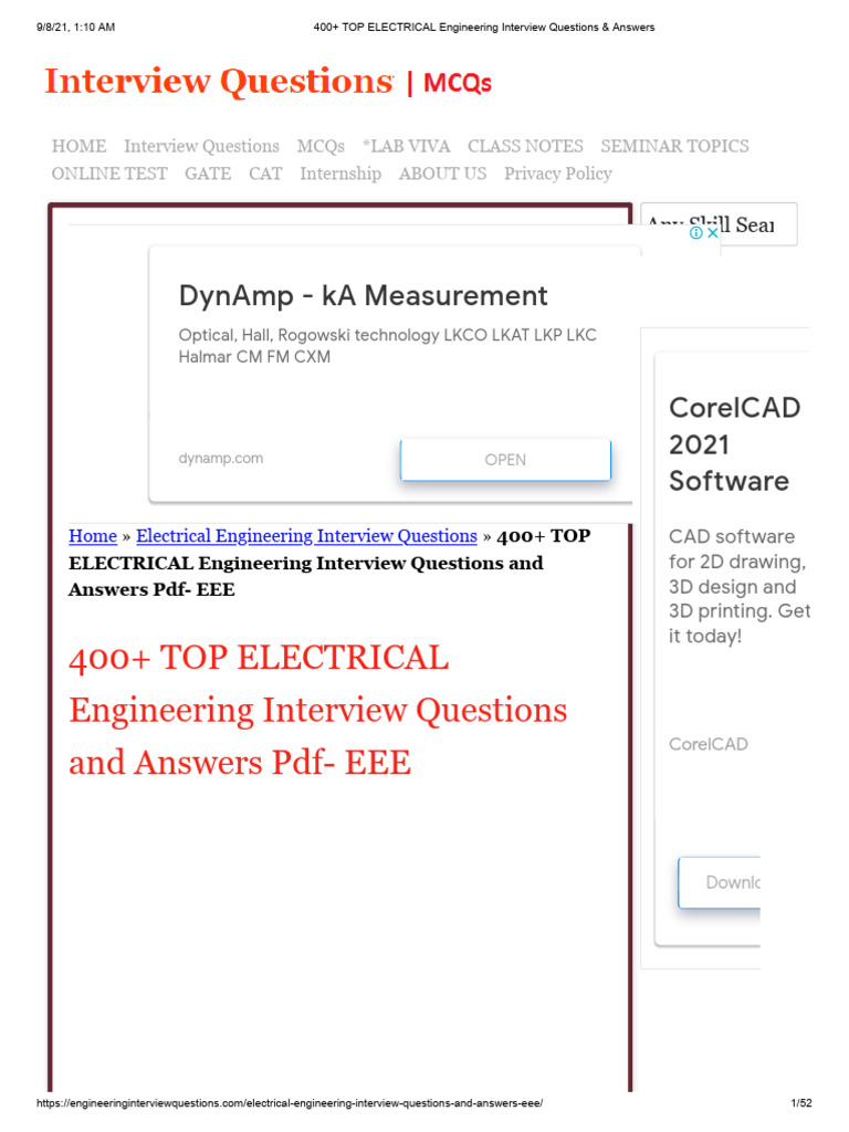 400+ TOP ELECTRICAL Engineering Interview Questions & Answers | PDF ...