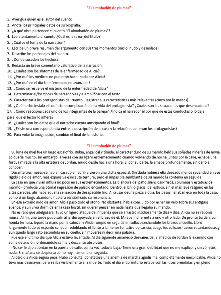 El Almohadon de Plumas Con Actvidades | PDF | Narración | Cuentos