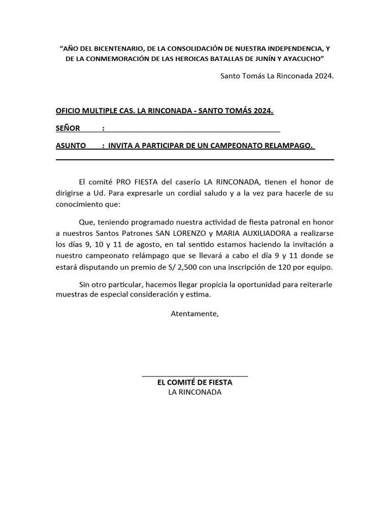 Oficio Deporte La Rinconada 2024 | PDF