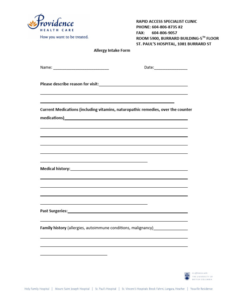 Allergy Intake Form | PDF