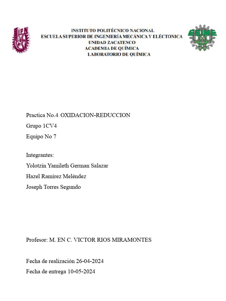 Practica4 Oxido-Reduccion5 | PDF | Redox | Ciencias fisicas