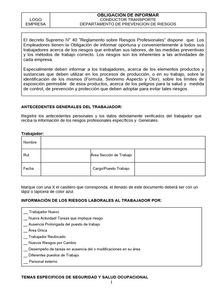 Obligación de Informar Riesgos Laborales | PDF | Seguridad y salud ocupacional