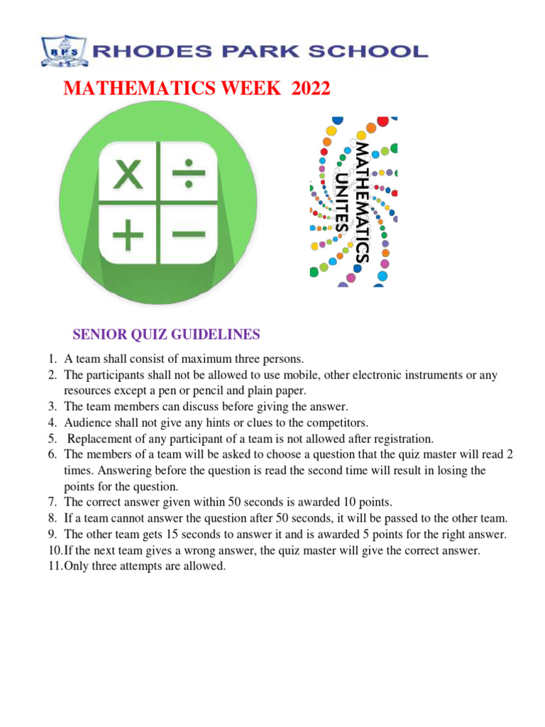 Mathematics Week 2022 Senior Quiz | PDF | Area | Elementary Geometry