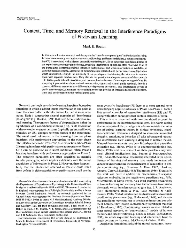 Bouton, Context, Time, and Memory Retrieval in The Interference Paradigms of Pavlovian Learning ...