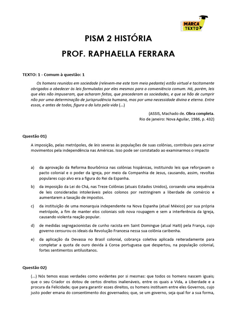 Pism 2 Lista Exercã Cios Histã Ria - 3 Aula | PDF | República | Os Estados Unidos