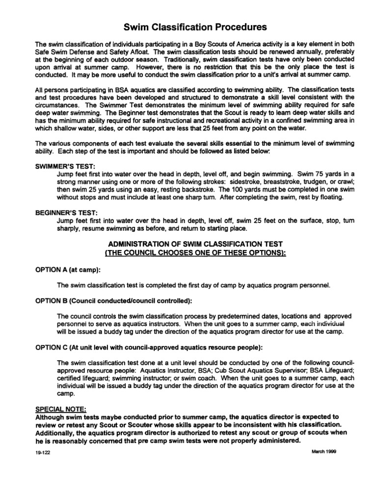 BSA Swim Classification Procedures Unit Swim | PDF