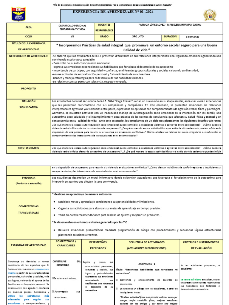 Planificador de La Eda N°01 - Ciclo Vii | PDF | Las emociones | Autoestima