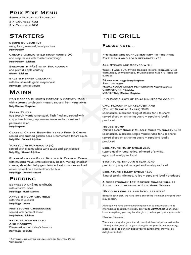 Prix Fixe Menu 2024 | PDF | French Fries | Steak