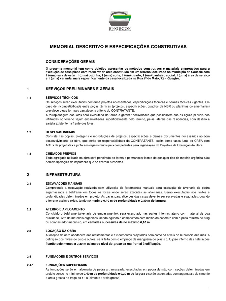 Memorial Descritivo - Construtivo - Engecon Casa r05 | PDF | Argamassa (alvenaria) | Tinta