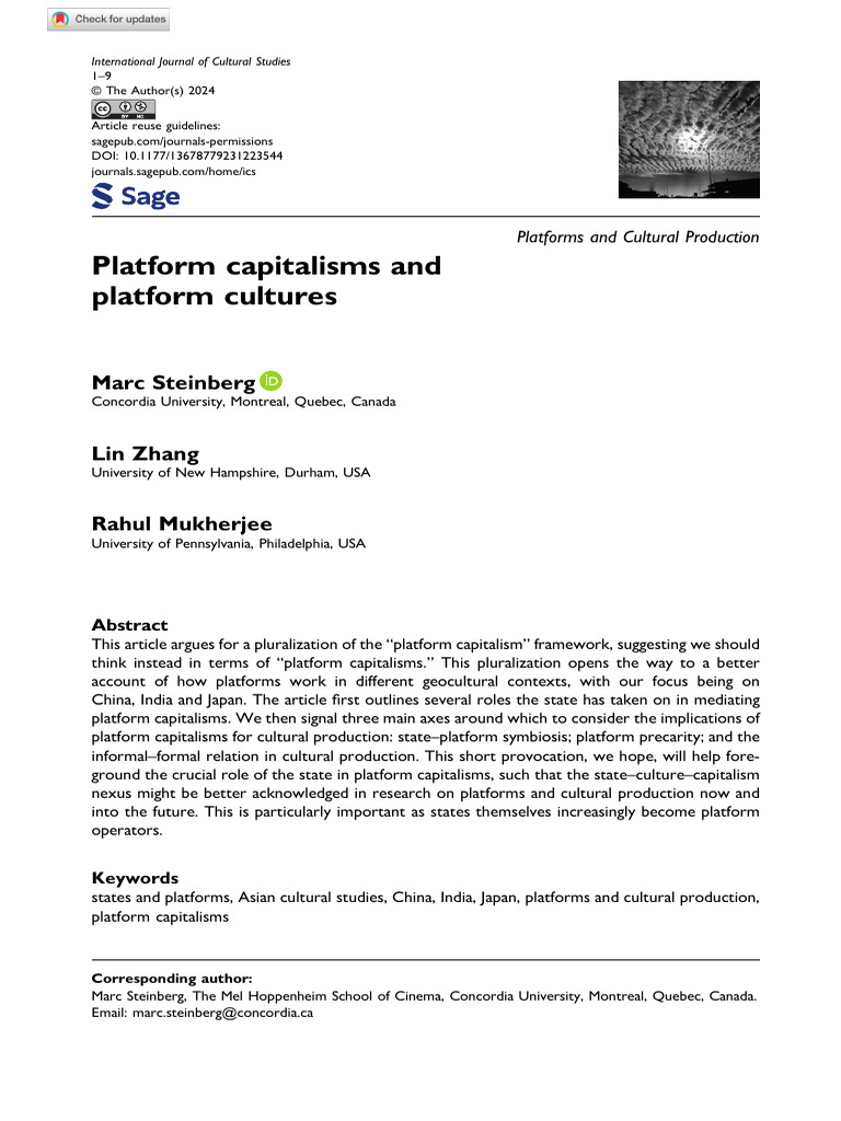 Steinberg Et Al 2024 Platform Capitalisms and Platform Cultures | PDF ...
