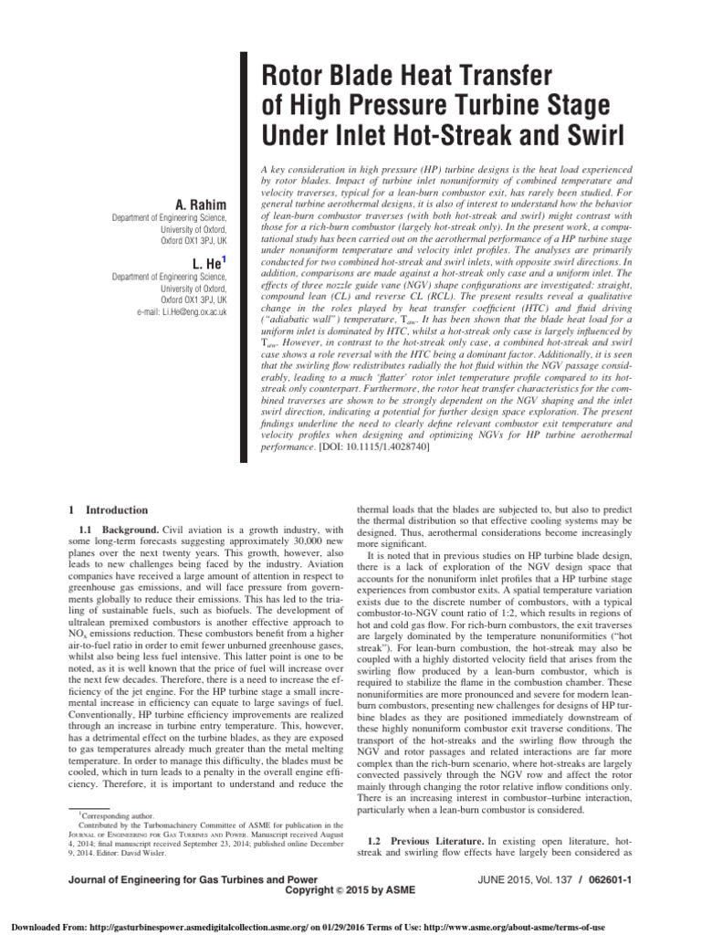 2015 - Rotor Blade Heat Transfer of High Pressure Turbine Stage Under ...