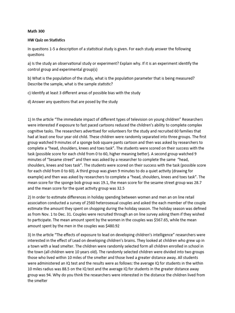Math 300 HW Quiz On Statistics | PDF | Wellness | Science & Mathematics