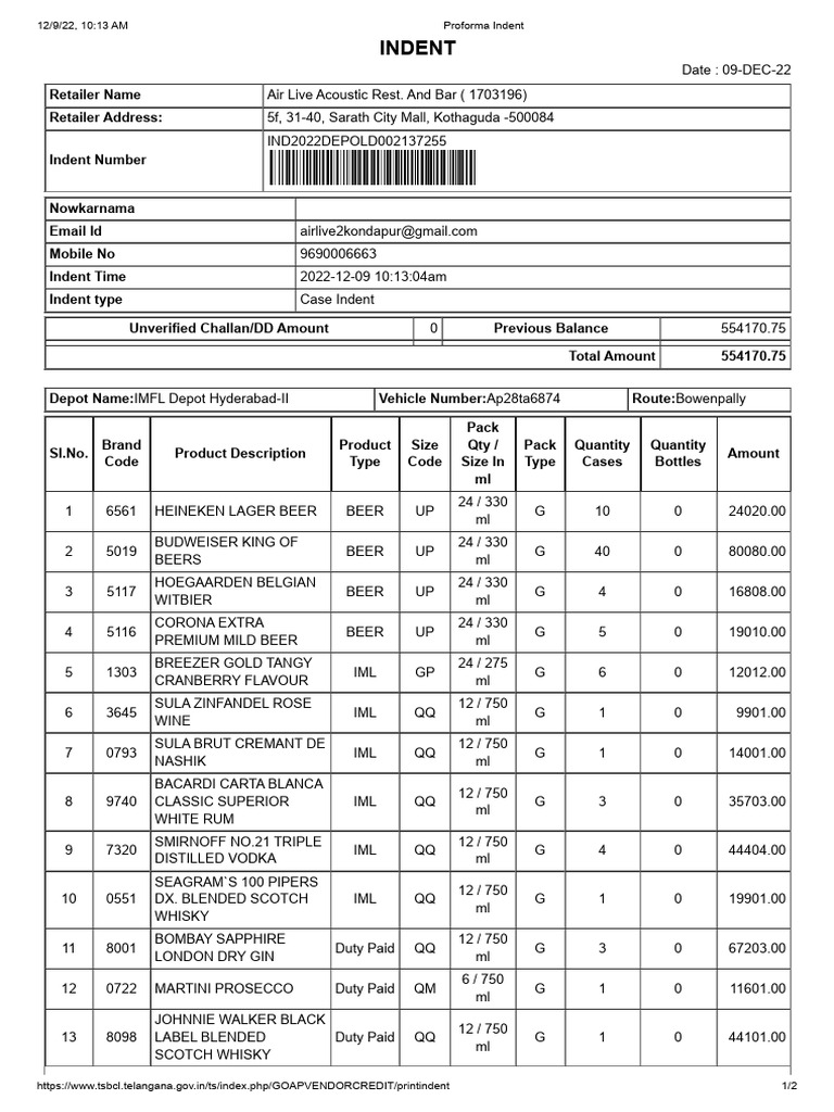 Air Live (GBL) Proforma Indent - PDF 09.12.22 | PDF | Scotch Whisky | Beer