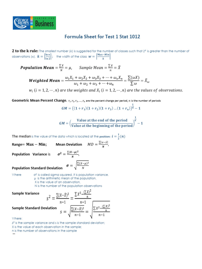 Stat 1012 Test 1 Formula Sheet | PDF | Median | Mean