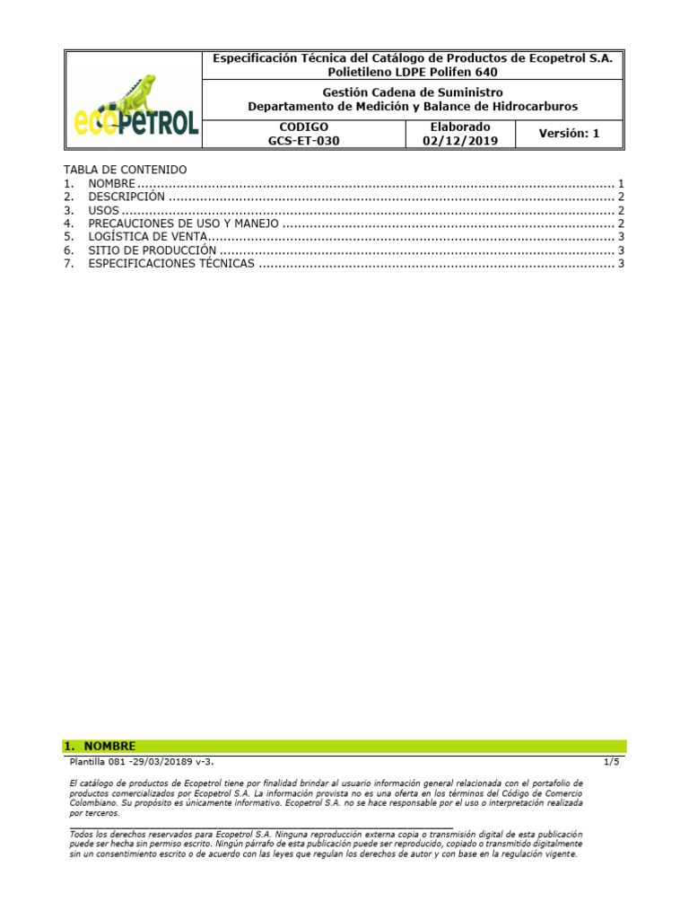 Ficha Técnica Ecopetrol Polifen 640 VSM-01 | PDF | Combustión | Materiales