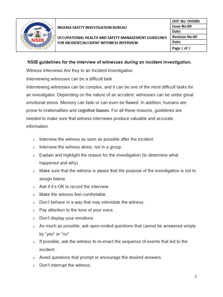NSIB Guidelines For The Interview of Witnesses During An Incident ...