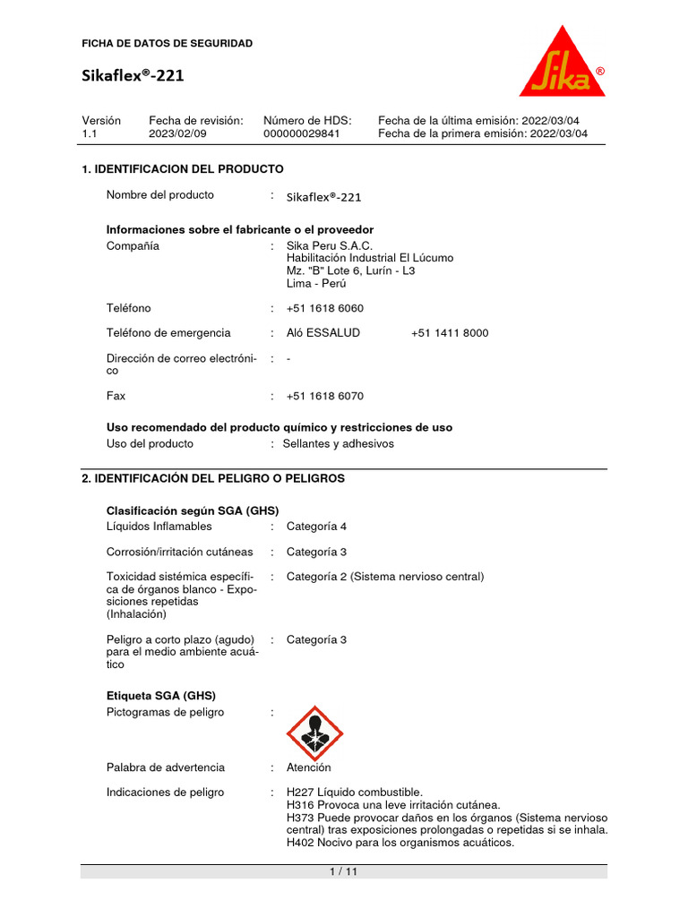 HS Sikaflex 221 HSDS | PDF | Química