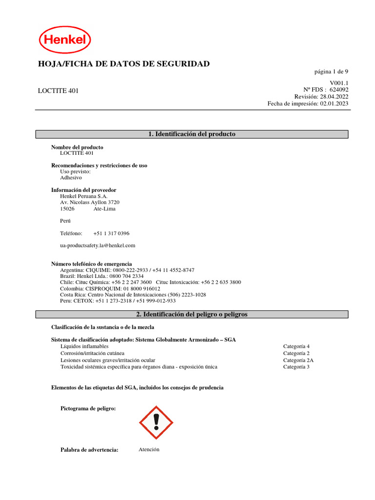MSDS Loctite 401 | PDF | Mercancías peligrosas | Agua