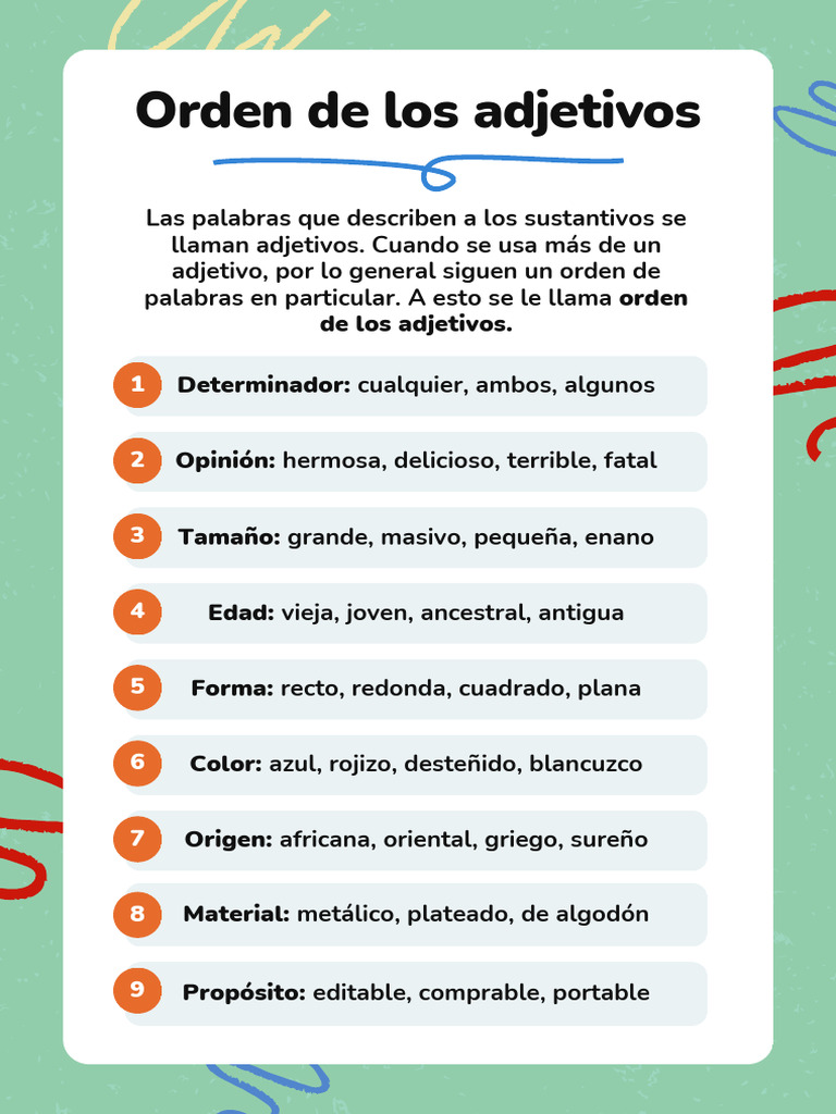 Guía del Orden de los Adjetivos | PDF | Artes del Lenguaje y ...