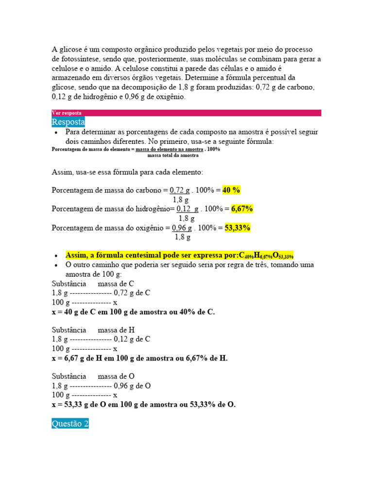 Exercicio De Quimica Formula Percentual Pdf Mol Unidade